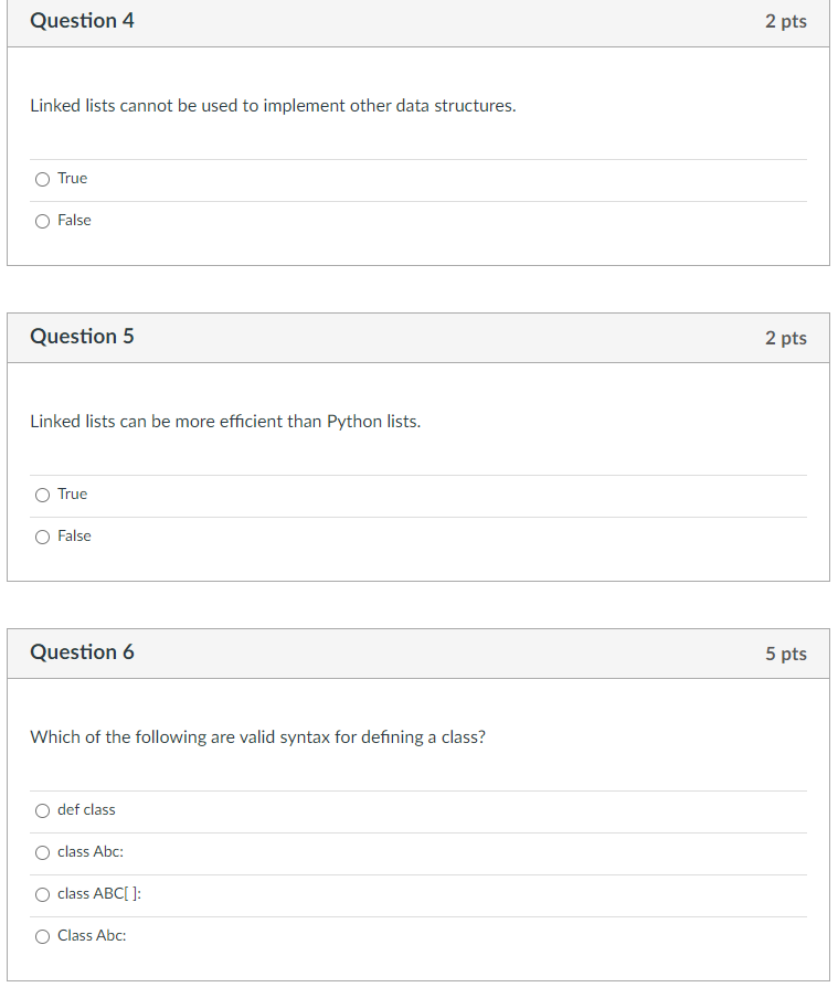 Solved Question 4 2 pts Linked lists cannot be used to | Chegg.com