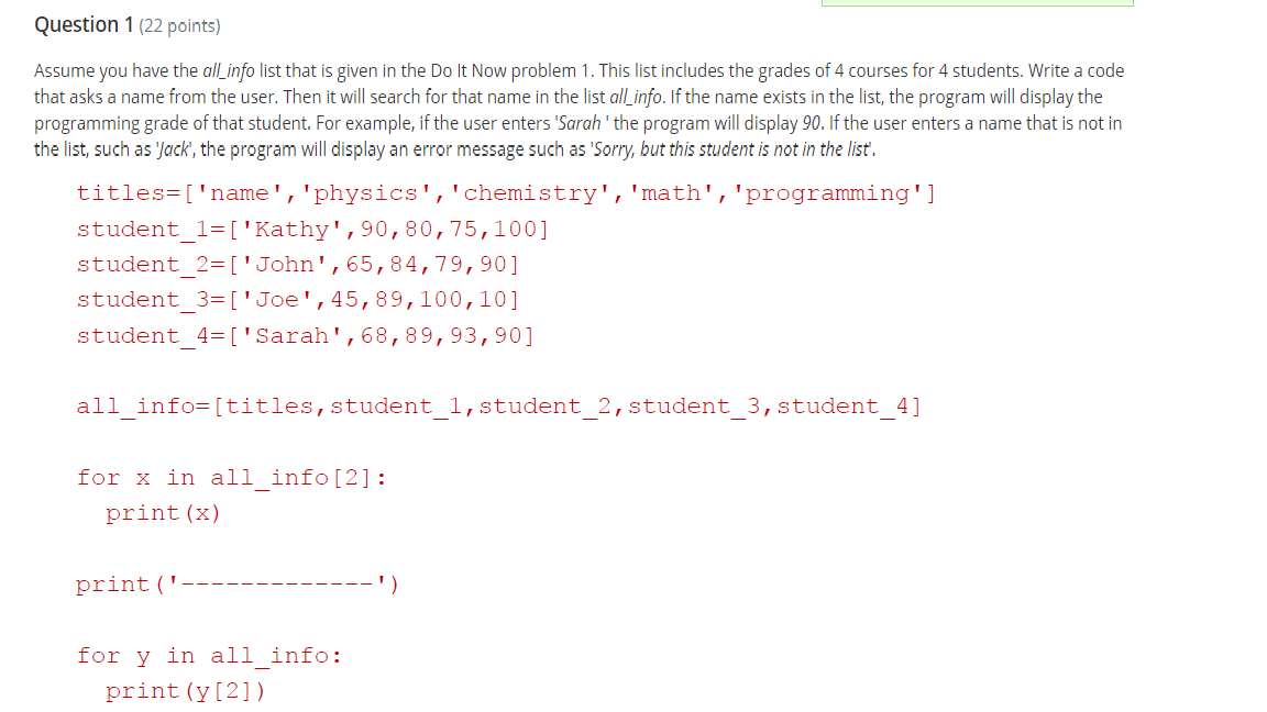 Solved Question 1 (22 points) Assume you have the all_info | Chegg.com