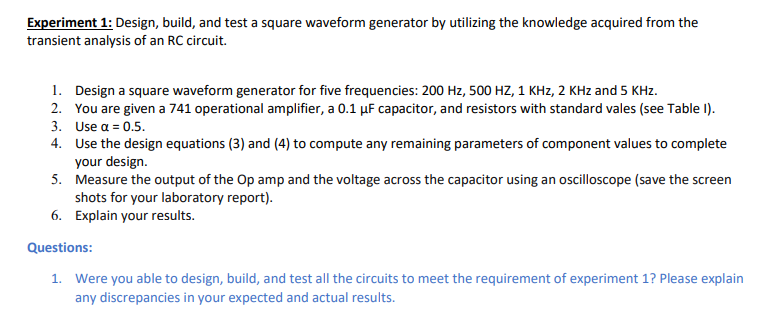 Solved α=R1+R2R2T=2RCln[1−α1+α].Experiment 1: Design, build, | Chegg.com