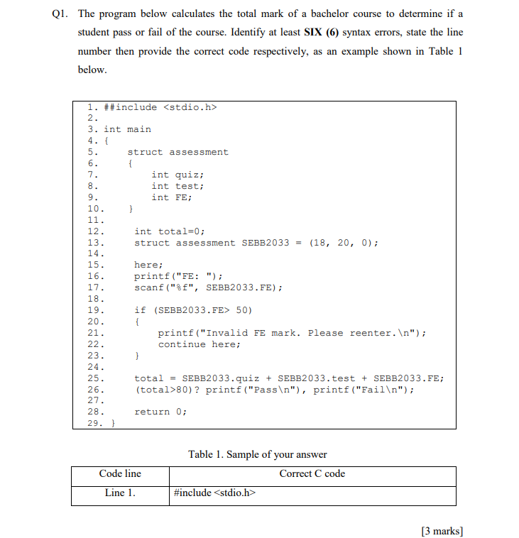 Solved Q1. The program below calculates the total mark of a | Chegg.com