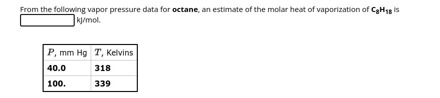 Solved From the following vapor pressure data for octane, an | Chegg.com