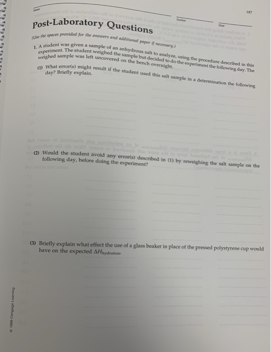Solved 187 Post-Laboratory Question the answers and | Chegg.com