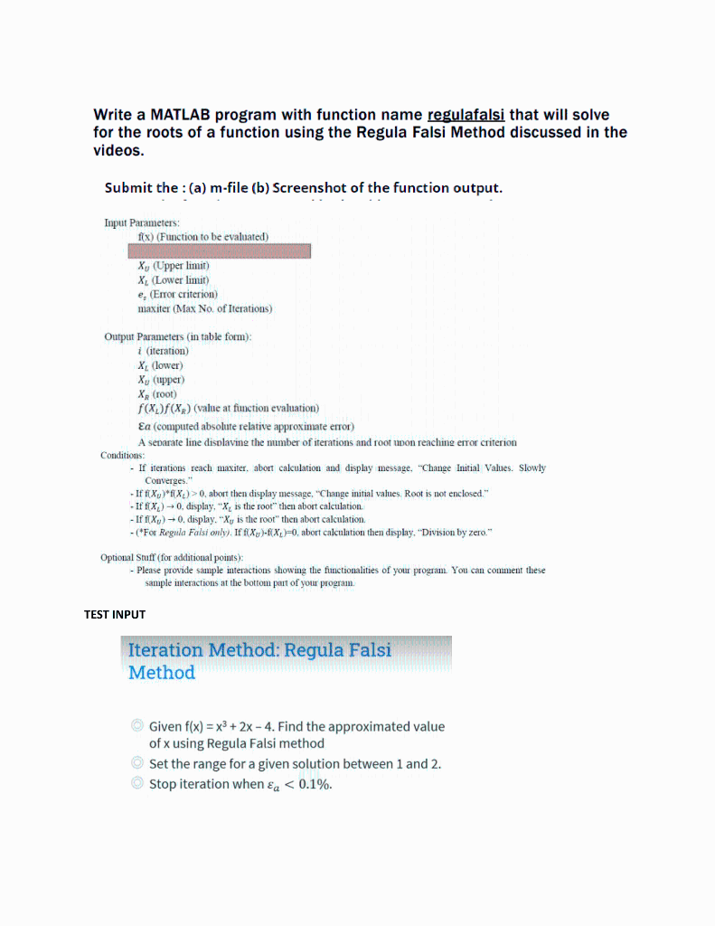Solved Write A Matlab Program With Function Name Regulafalsi 5821