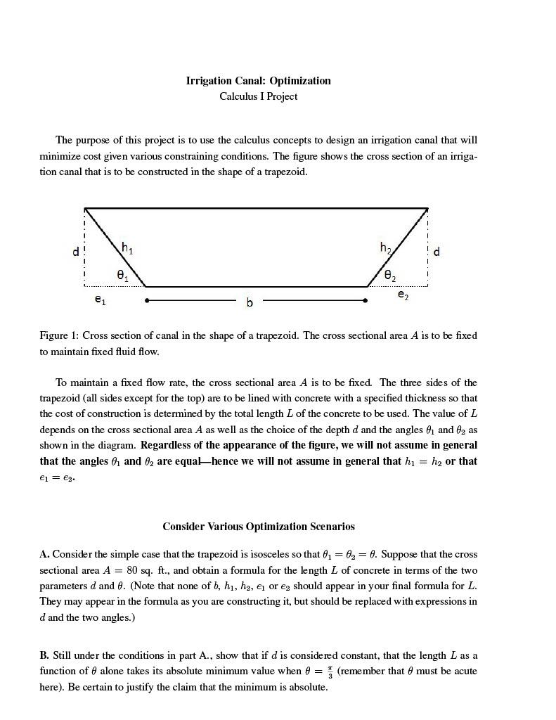 Solved Irrigation Canal: Optimization Calculus I Project The | Chegg.com