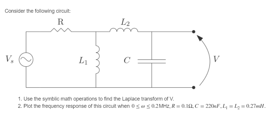 Solved Consider the following circuit: R L2 Vs Li C V 1. Use | Chegg.com