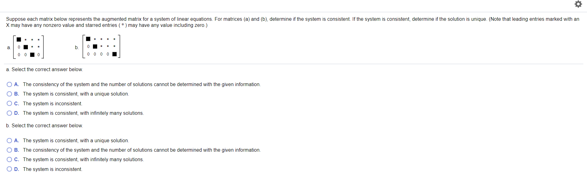 Solved • Suppose each matrix below represents the augmented | Chegg.com