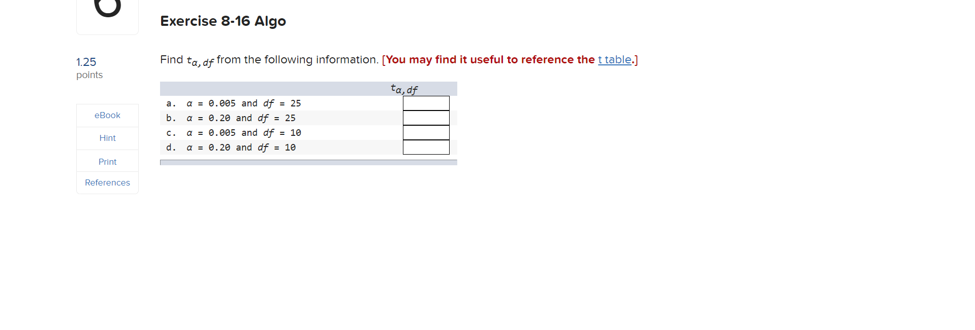 Solved Exercise 8-16 Algo Find ta, df from the following | Chegg.com