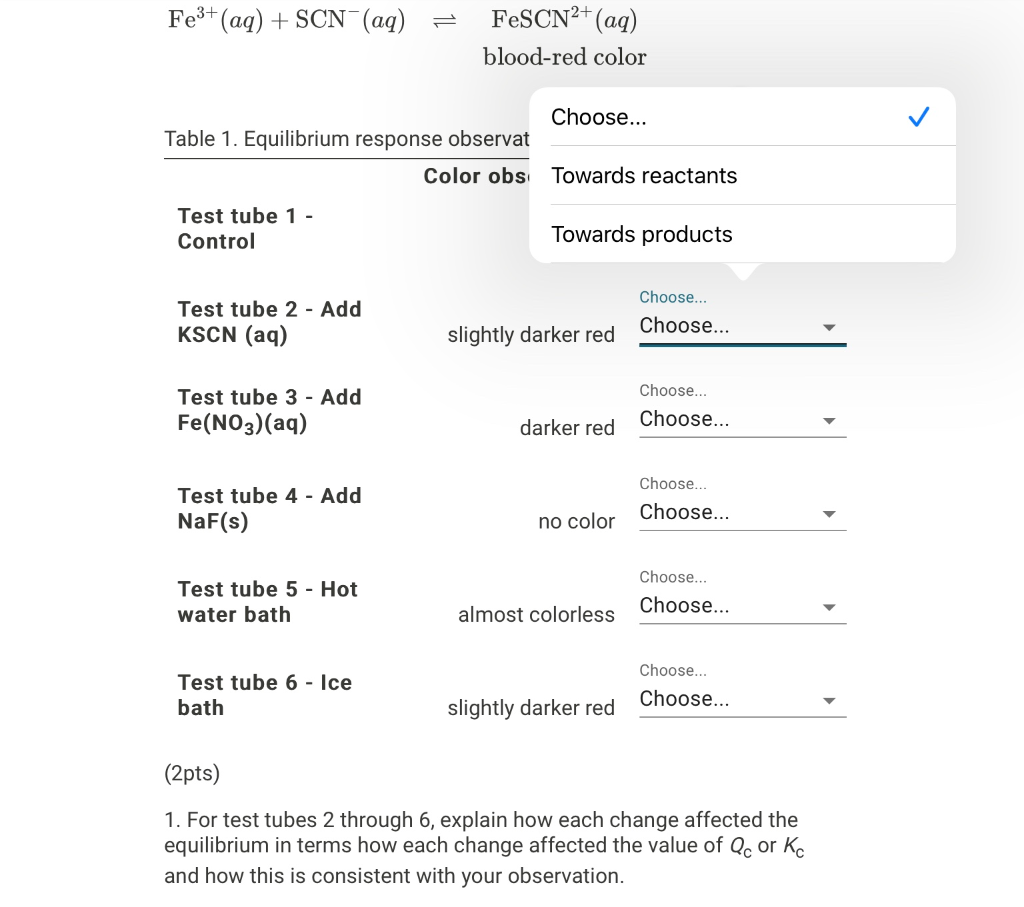 Solved Fe3+ (aq) + SCN- (aq) FeSCN2+ (aq) blood-red color | Chegg.com