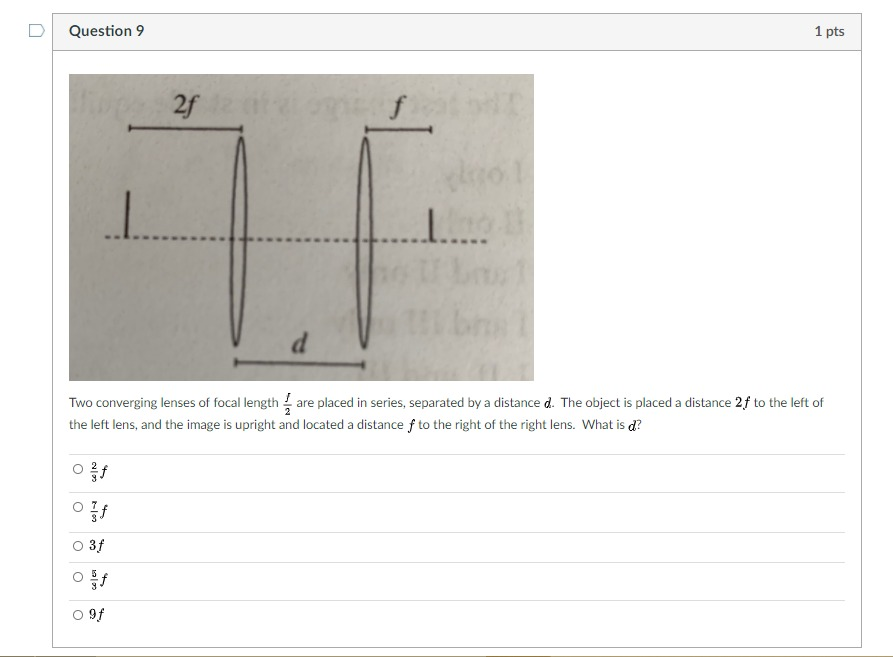 Solved U Question 9 1 pts 2f f I. d Two converging lenses of | Chegg.com