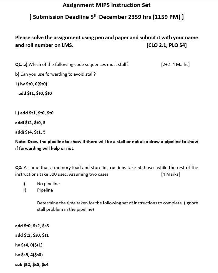 Solved Assignment MIPS Instruction Set [ Submission Deadline | Chegg.com