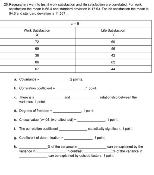 Solved 26. Researchers want to test if work satisfaction and | Chegg.com