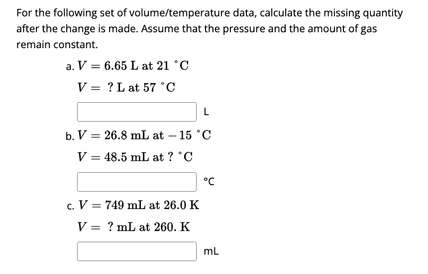 Solved For the following set of volume/temperature data, | Chegg.com
