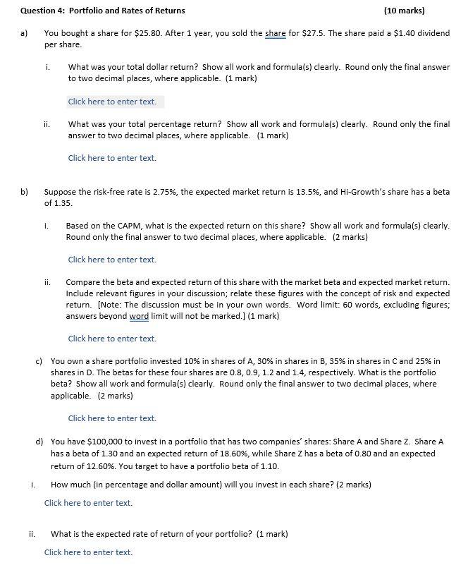 Solved Question 4: Portfolio and Rates of Returns (10 marks) | Chegg.com