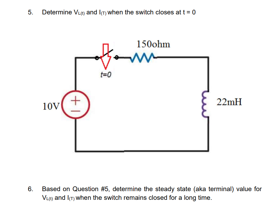 Solved 5. Determine VL(t) and I(T) when the switch closes at | Chegg.com