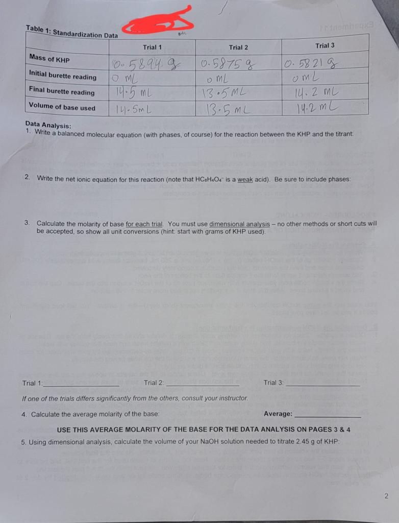 Solved Table 1: Standardization Data - Trial 1 Trial 2 Trial | Chegg.com
