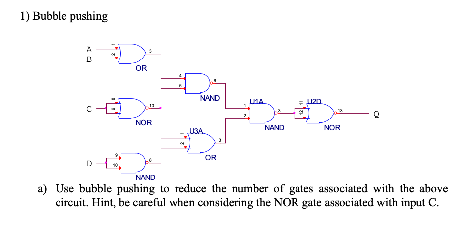 Solved 1) Bubble pushing 3 A B OR NAND U1A - U2D 10 1 с 13 2 | Chegg.com
