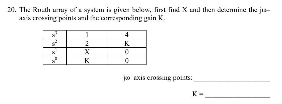 Solved 20. The Routh array of a system is given below, first | Chegg.com