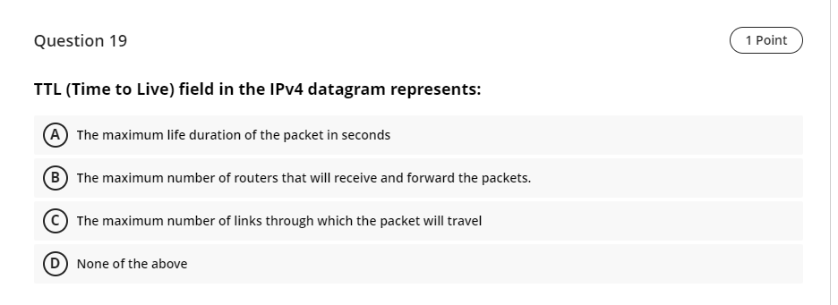 Solved Question 19 1 Point TTL (Time to Live) field in the | Chegg.com