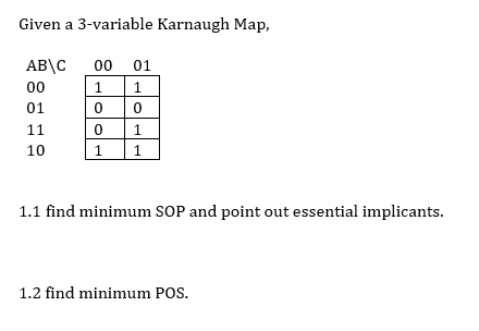 Solved Given a 3-variable Karnaugh Map, ABC 00 01 11 10 00 1 | Chegg.com