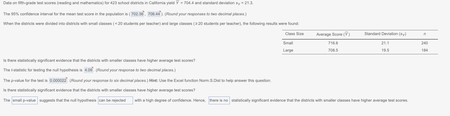 Solved Data on fifth-grade test scores (reading and | Chegg.com