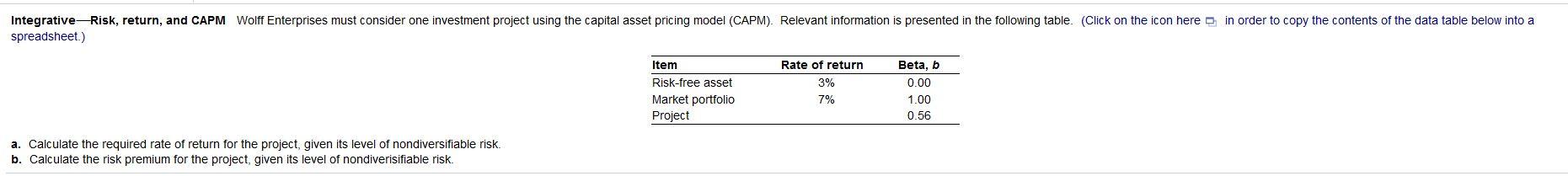 Solved Integrative Risk, return, and CAPM Wolff Enterprises | Chegg.com