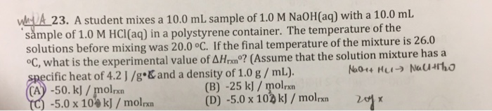 Solved A student mixes a 10.0 mL sample of 1.0 M NaOH (aq) | Chegg.com