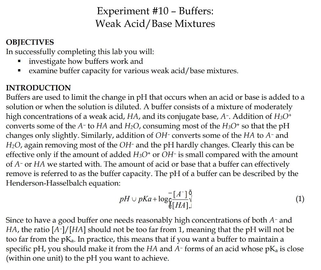 - Experiment #10 - Buffers: Weak Acid/Base Mixtures | Chegg.com