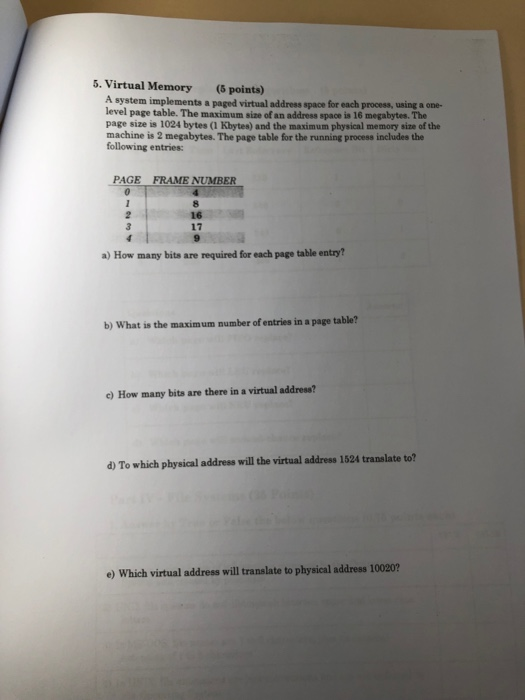 Solved 5. Virtual Memory (5 points) A system implements a | Chegg.com