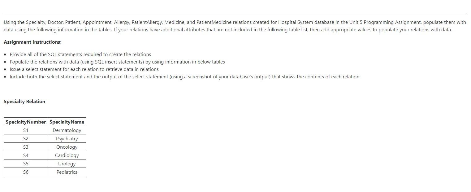 Solved Using the Specialty, Doctor, Patient, Appointment, | Chegg.com