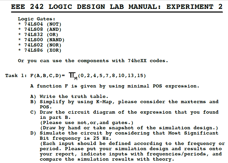 Solved EEE 242 LOGIC DESIGN LAB MANUAL: EXPERIMENT 2 Logic | Chegg.com