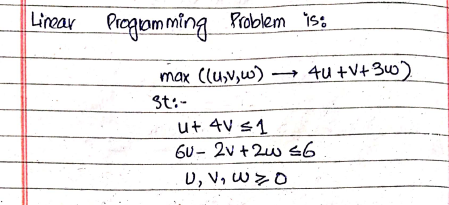 Solved Linear Programming Problem is: max((u,v,w)→4u+v+3w) | Chegg.com
