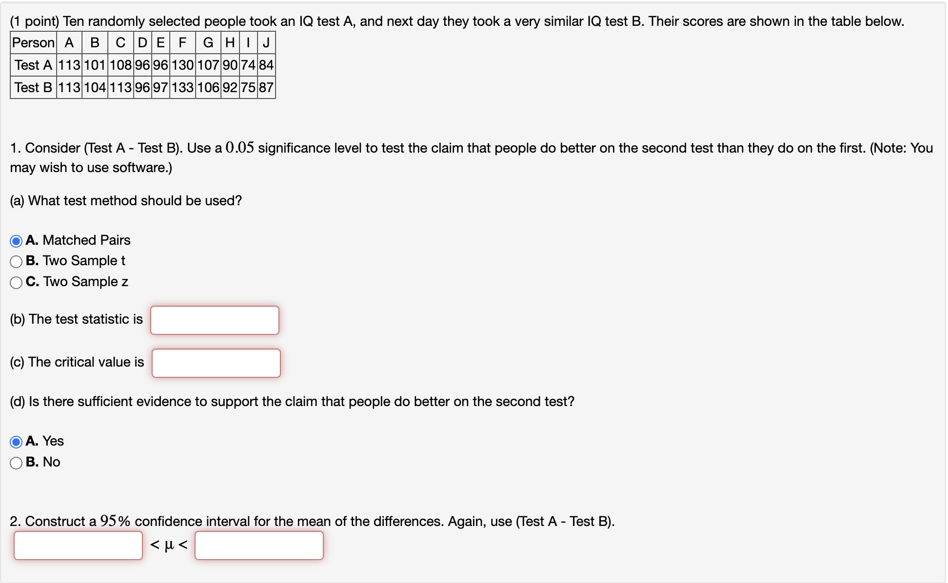 Solved (1 point) Ten randomly selected people took an IQ | Chegg.com
