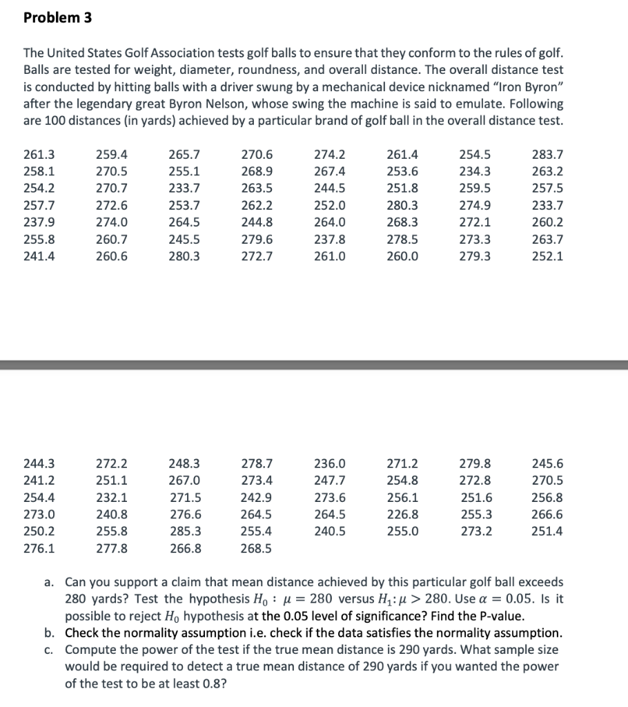 Solved Problem 3 The United States Golf Association tests | Chegg.com