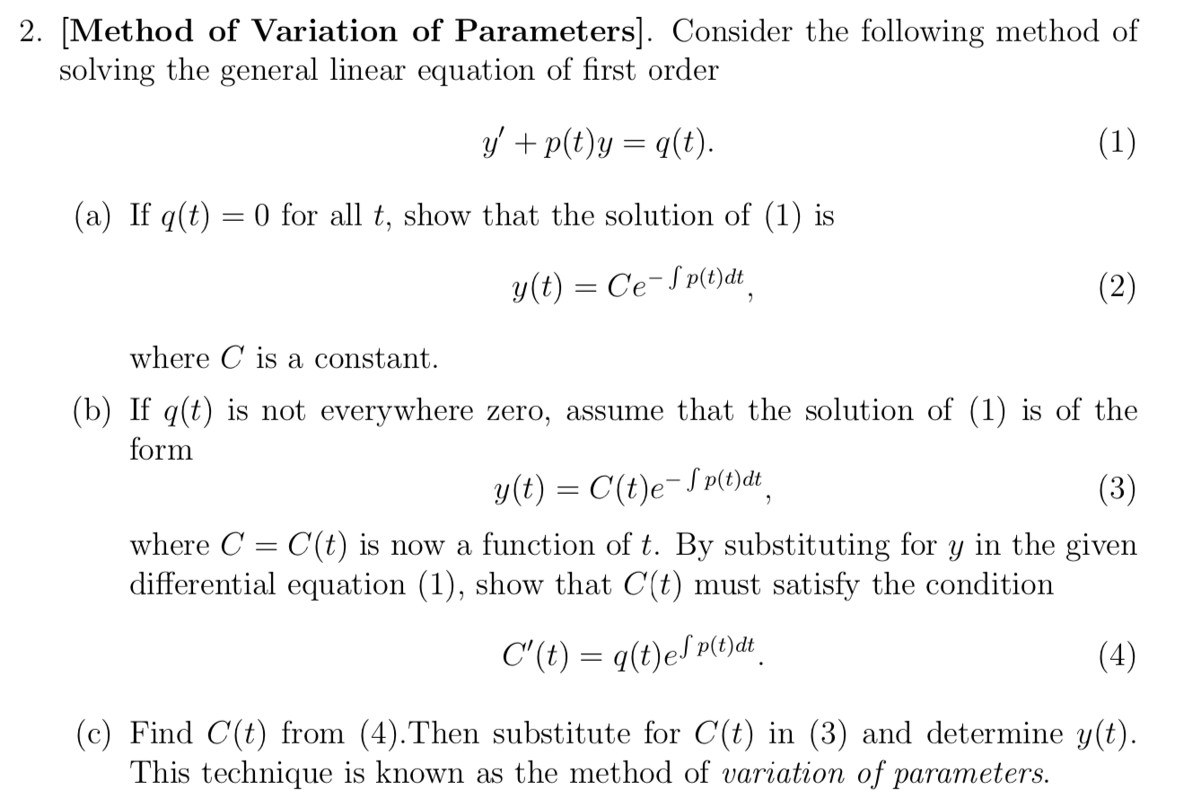 Solved 2. [Method of Variation of Parameters). Consider the | Chegg.com