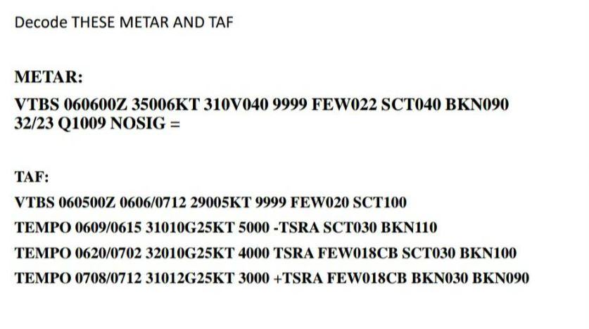 Solved Decode THESE METAR AND TAF METAR: VTBS 060600Z | Chegg.com