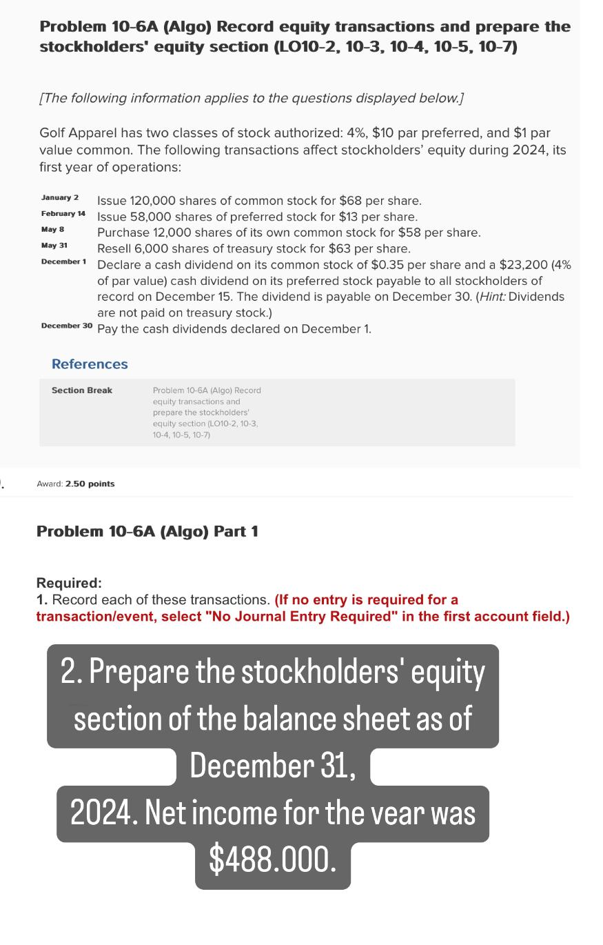 Solved Problem 10-6A (Algo) Record equity transactions and | Chegg.com