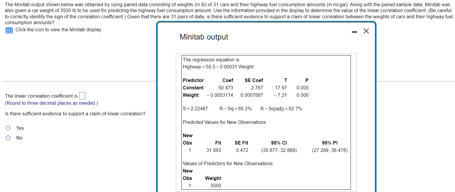 Solved The Minitab output shown below was obtained by using | Chegg.com