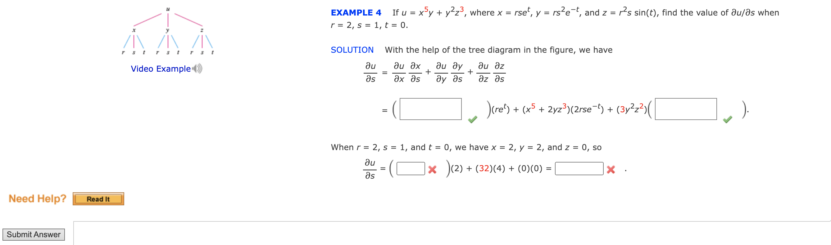 Solved EXAMPLE 4 If u=x5y+y2z3, where x=rset,y=rs2e−t, and | Chegg.com