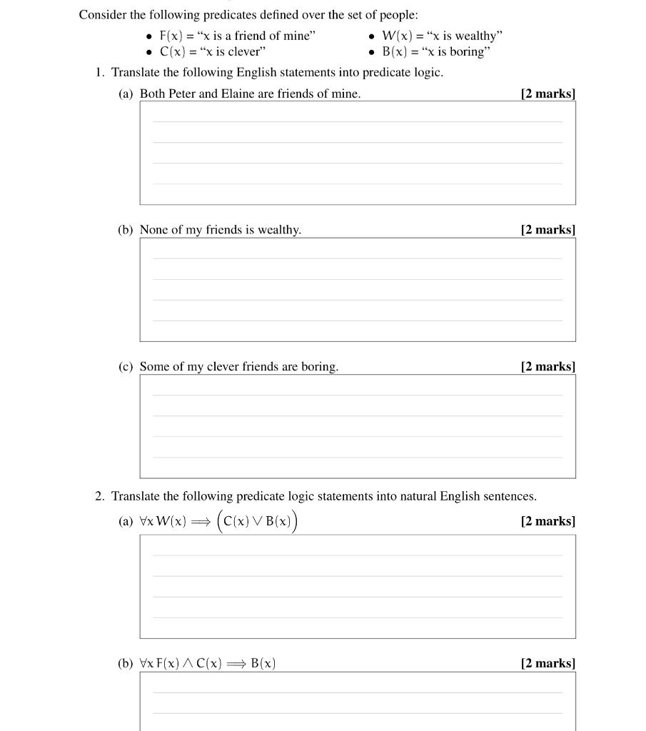 Solved Consider the following predicates defined over the | Chegg.com