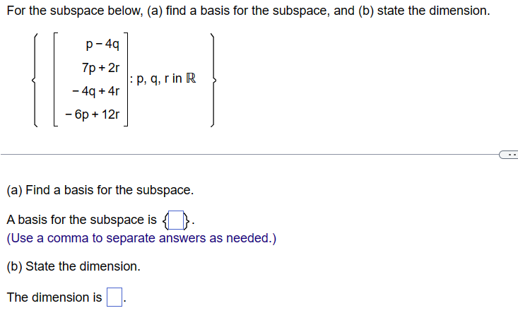 Solved For the subspace below, (a) find a basis for the | Chegg.com