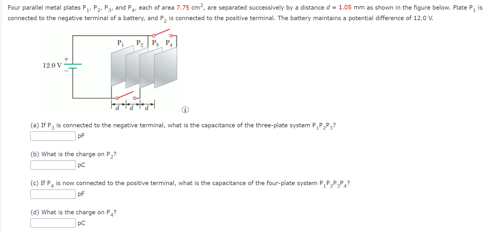 Solved Four parallel metal plates P1,P2,P3, and P4′, each of | Chegg.com