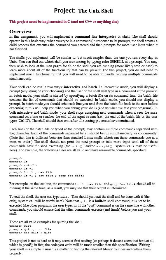 Solved Project: The Unix Shell This project must be | Chegg.com