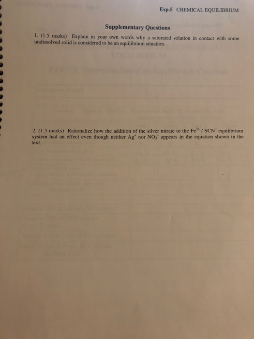 Solved Exp.5 CHEMICAL EQUILIBRIUM Name: Section Date: | Chegg.com