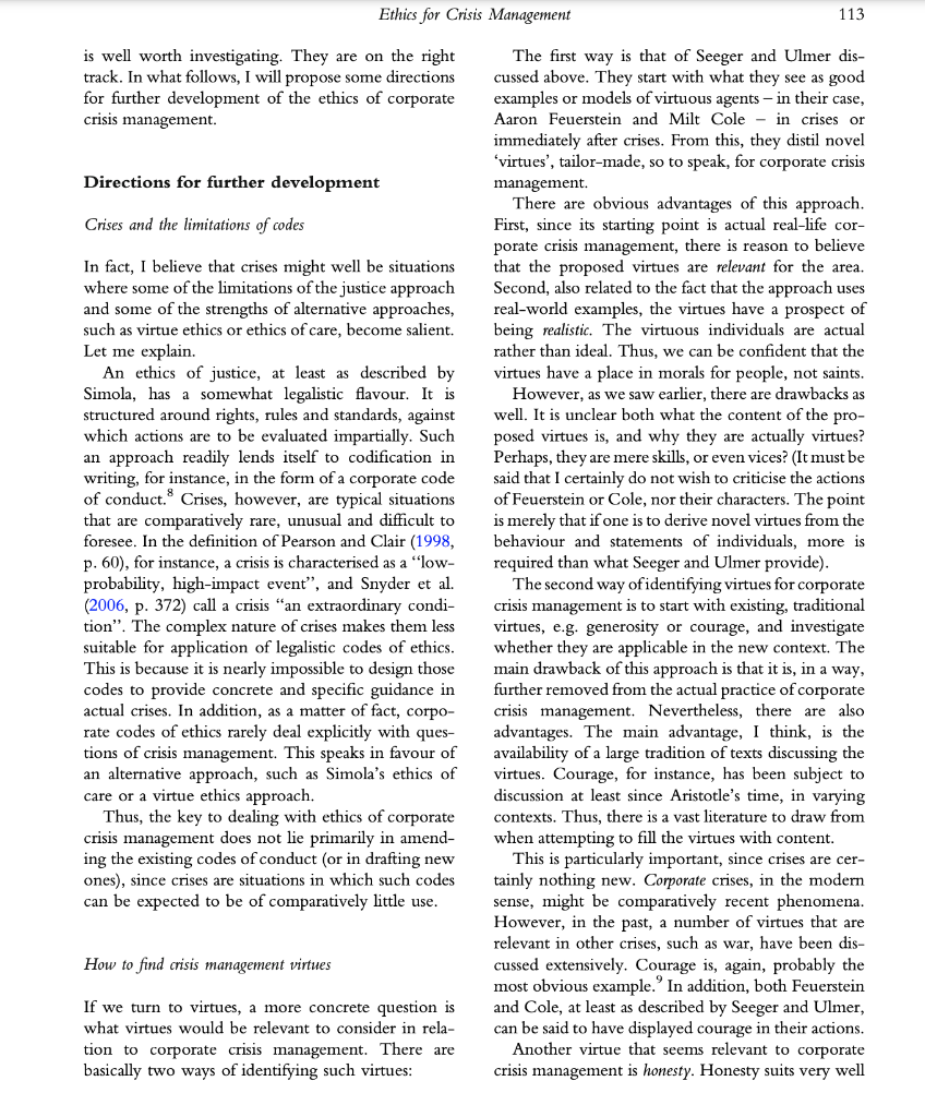 Solved Read Approaches to Ethics for Corporate Crisis | Chegg.com