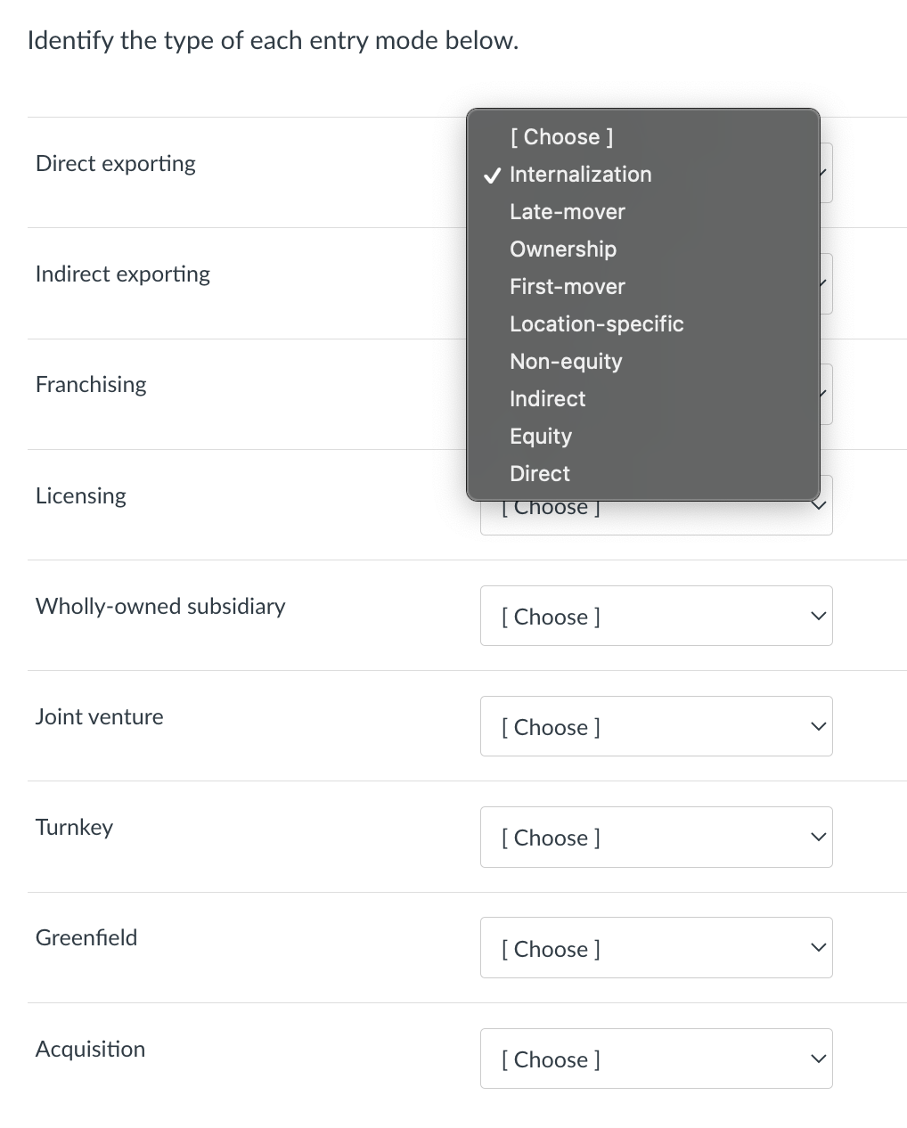 Solved Identify the type of each entry mode below. Direct | Chegg.com