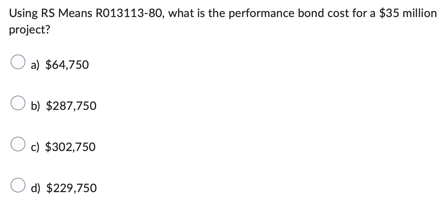 Solved R013113-80 Performance Bond This table shows the cost | Chegg.com