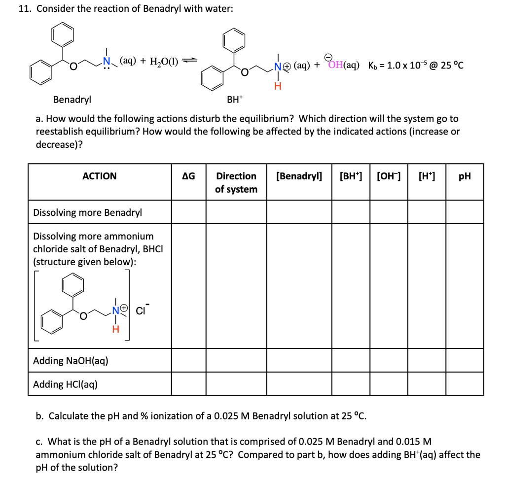 Solved 11. Consider the reaction of Benadryl with water: N | Chegg.com