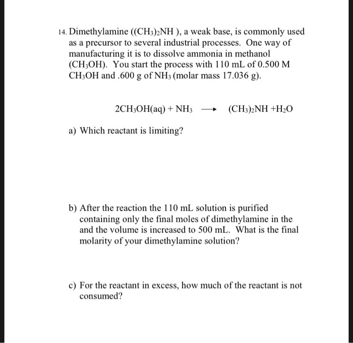 Solved 14. Dimethylamine ((CH3)2NH), a weak base, is | Chegg.com