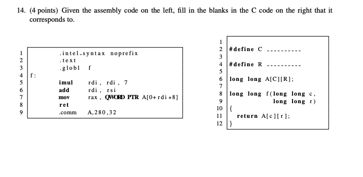 Solved 14. (4 points) Given the assembly code on the left, | Chegg.com