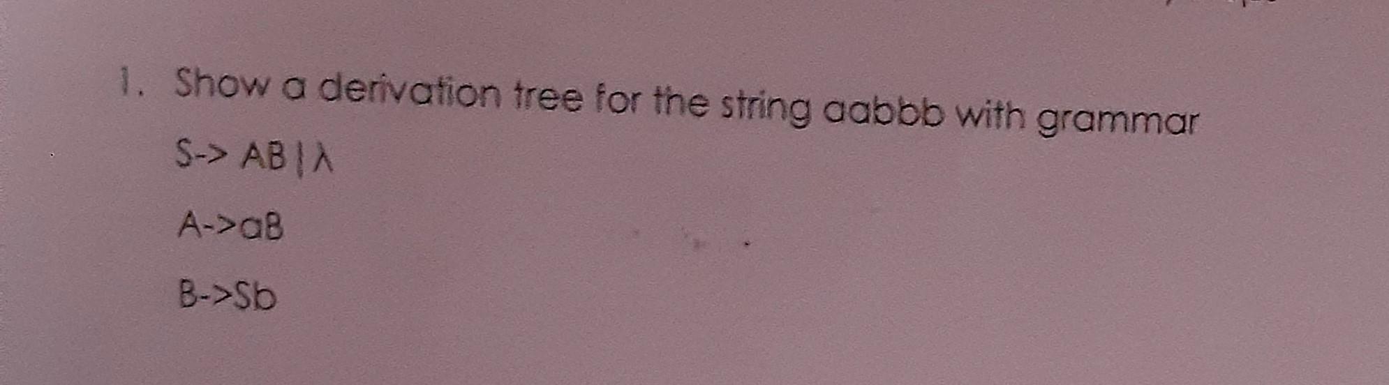 Solved 1. Show a derivation tree for the string aabbb with | Chegg.com